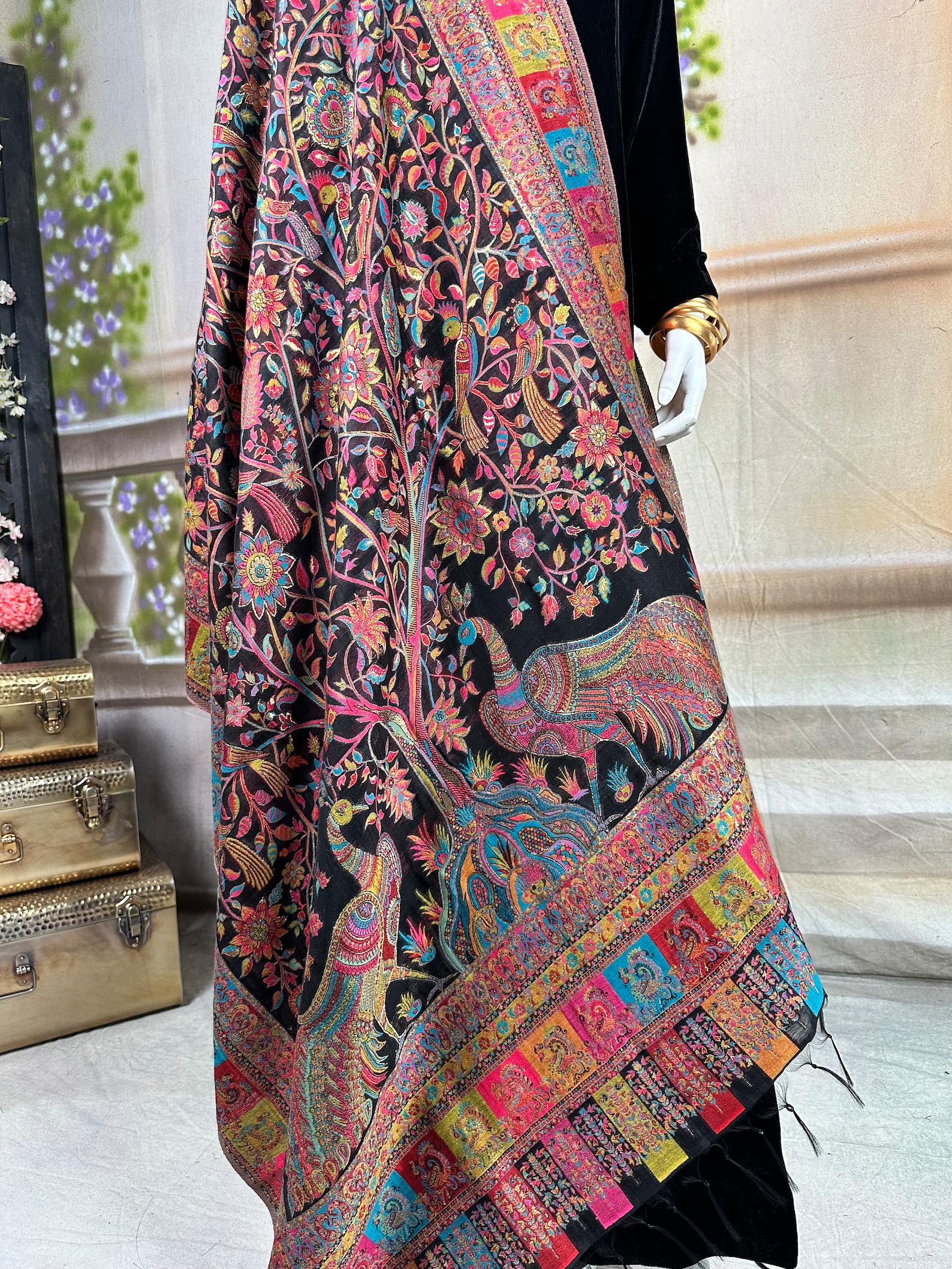 Peacocks Tree of Life Pure Kashmiri Kani Silk Luxury Jamawar Shawl With ...