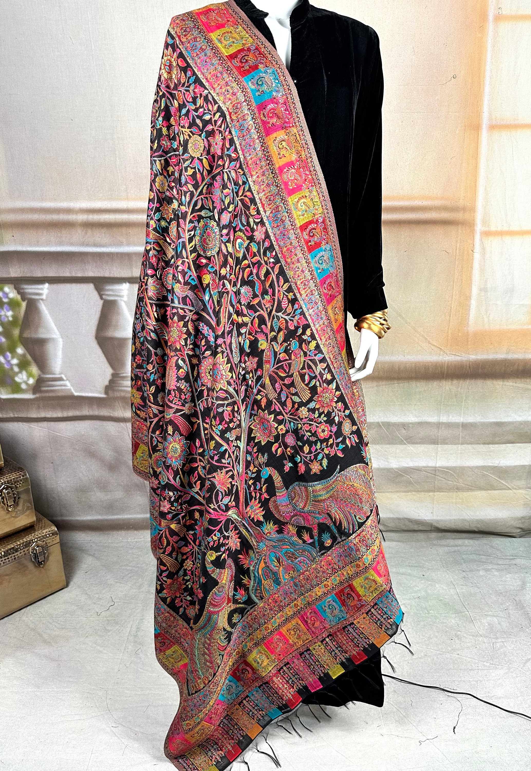 Peacocks Tree of Life Pure Kashmiri Kani Silk Luxury Jamawar Shawl With ...