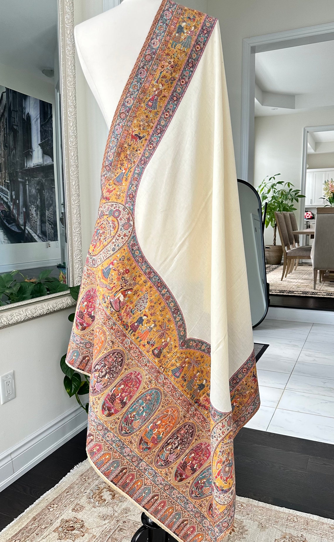 Timeless Tapestry Kani Mughal Art Shikargah Pictorial Shawl in Kashmiri ...