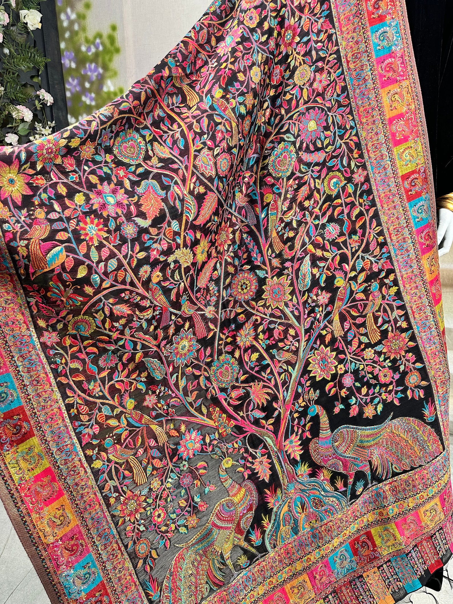 Peacocks Tree of Life Pure Kashmiri Kani Silk Luxury Jamawar Shawl With ...