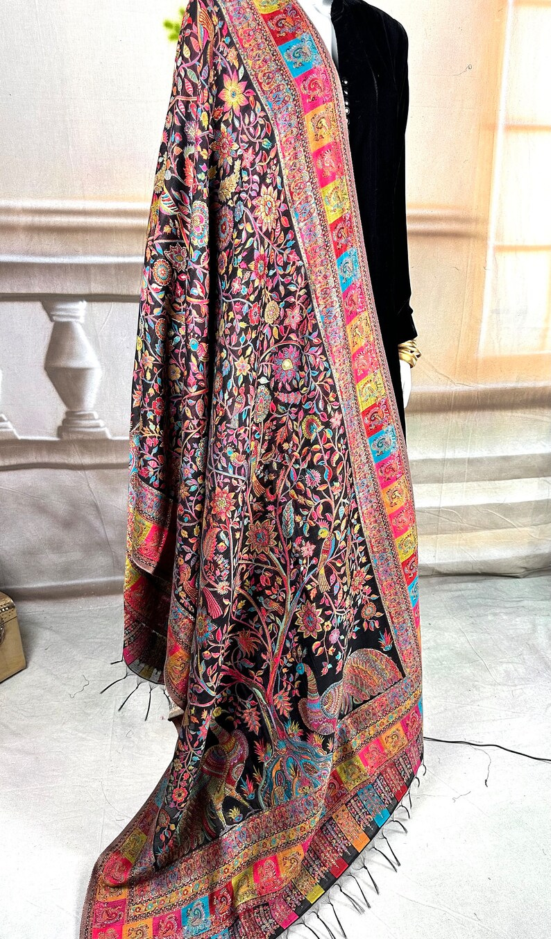 Peacocks Tree of Life Pure Kashmiri Kani Silk Luxury Jamawar Shawl With ...