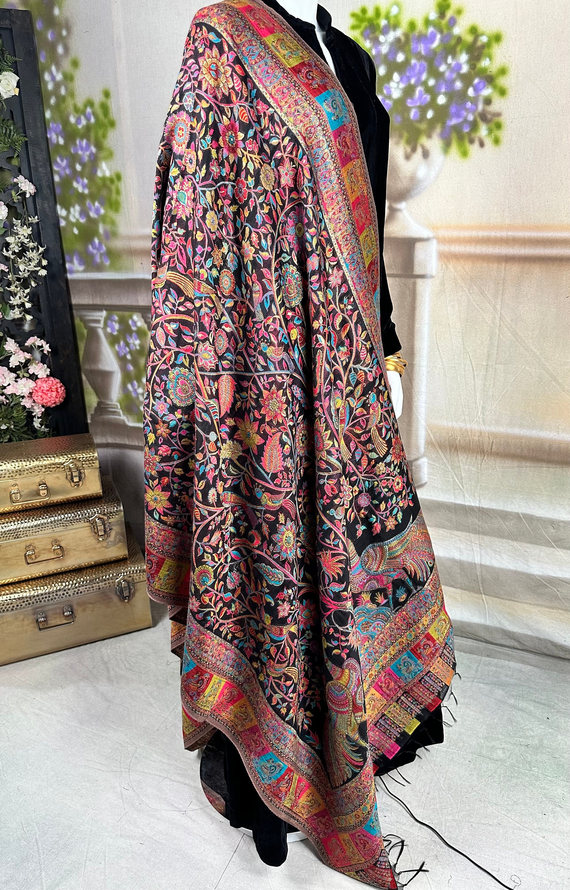 Peacocks Tree of Life Pure Kashmiri Kani Silk Luxury Jamawar Shawl With ...