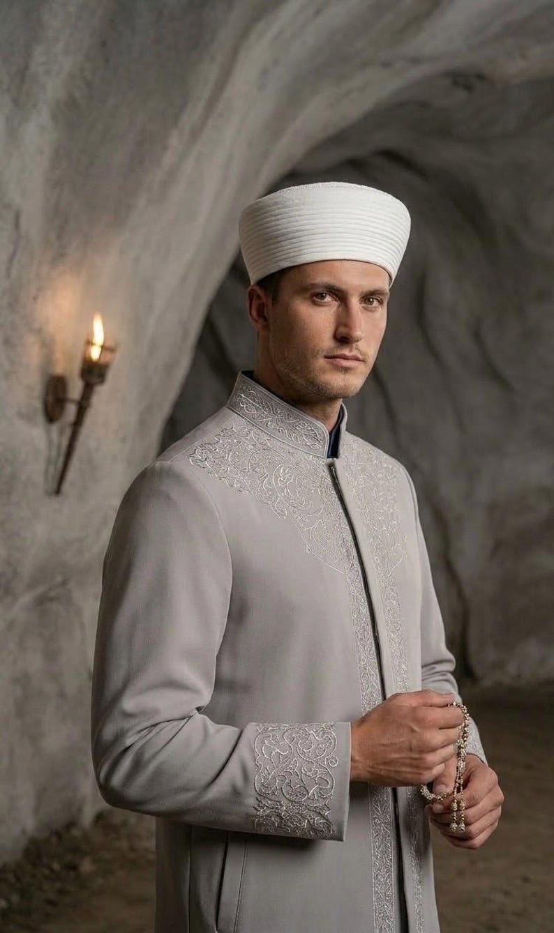 Luxury Gray Imam Robe – Handmade Cotton Thobe With Silver Embroidery ...