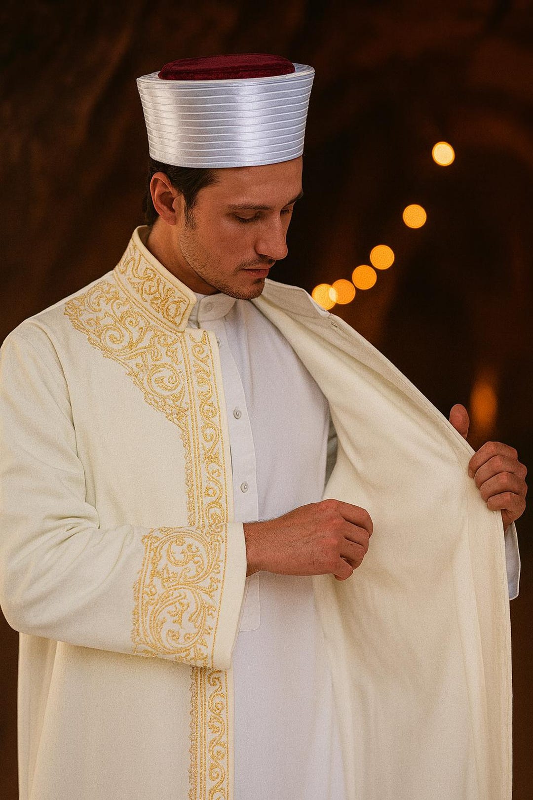 Luxury White Imam Robe – Handmade Cotton Thobe With Golden Embroidery ...