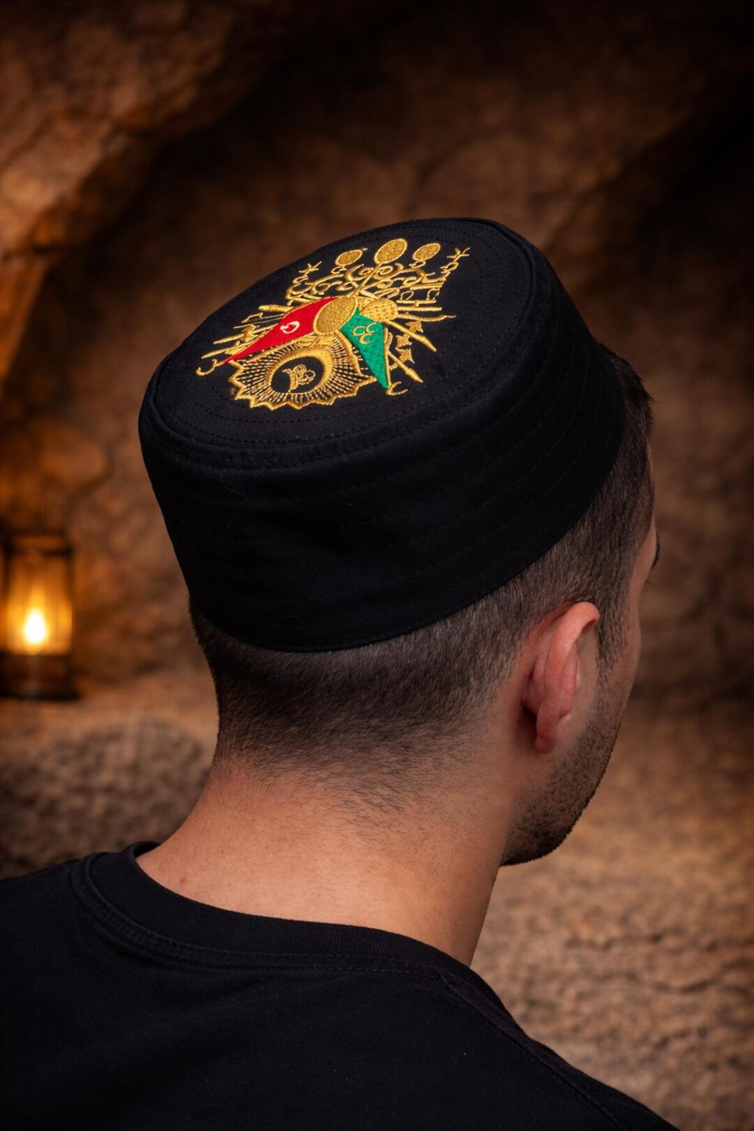 Black Ottoman Tugra Embroidered Islamic Kufi Hat for Men Traditional ...