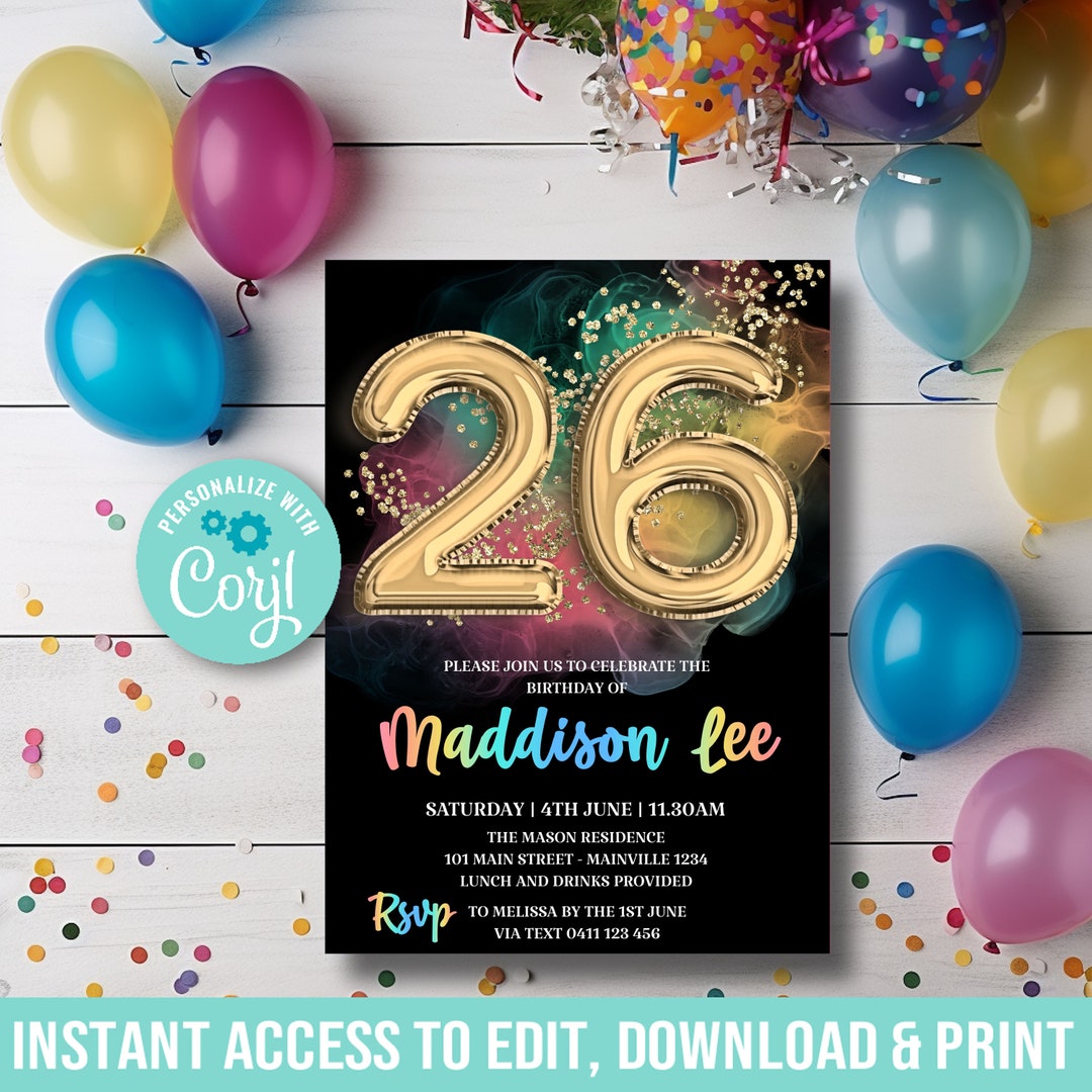 26TH BIRTHDAY INVITATION Rainbow Invitation, Girl Party, Gold Balloon ...