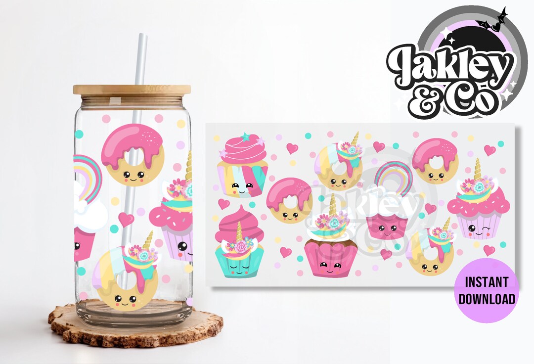 Unicorn Cupcakes Libby Cup Wrap Unicorn Rainbow Cupcakes and Donuts, Kawaii Cupcakes Instant ...