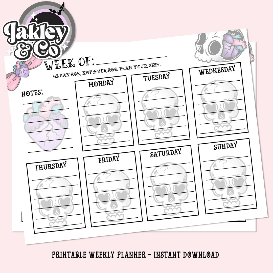PRINTABLE WEEKLY PLANNER Punk, Goth Theme Printable Weekly Planner ...