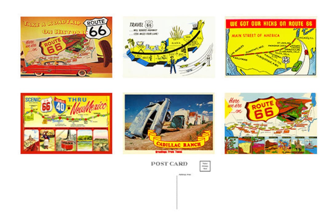 6 Instant Download Colorful Route 66 Retro Vintage 4x6 Postcards. Six ...
