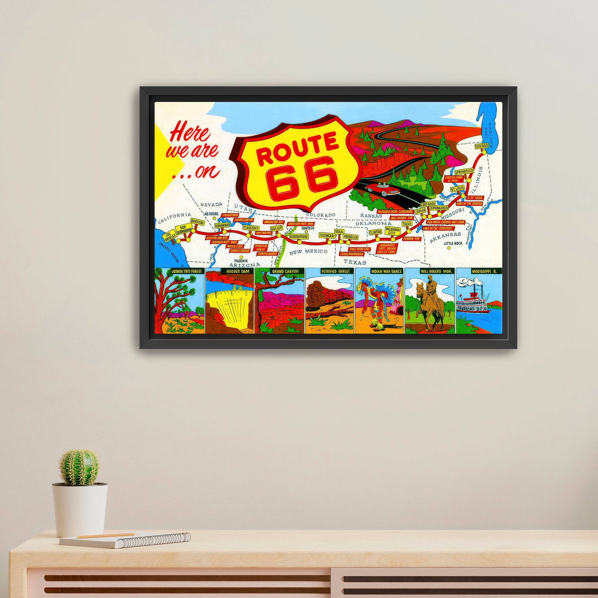 Vibrant Colorful Map of Route 66, Points of Interest, Historical ...