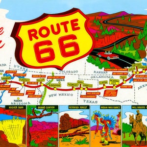 Vibrant Colorful Map of Route 66, Points of Interest, Historical ...