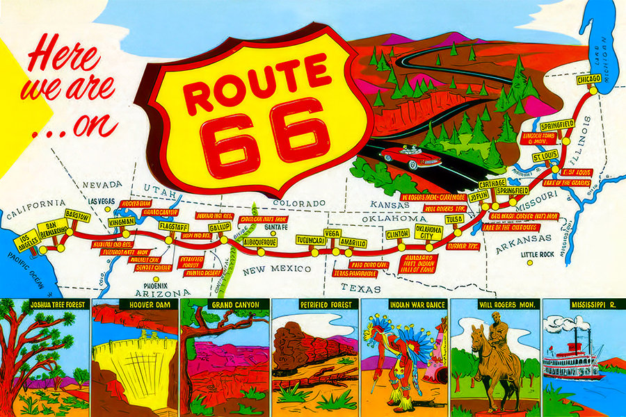 Vibrant Colorful Map of Route 66, Points of Interest, Historical ...