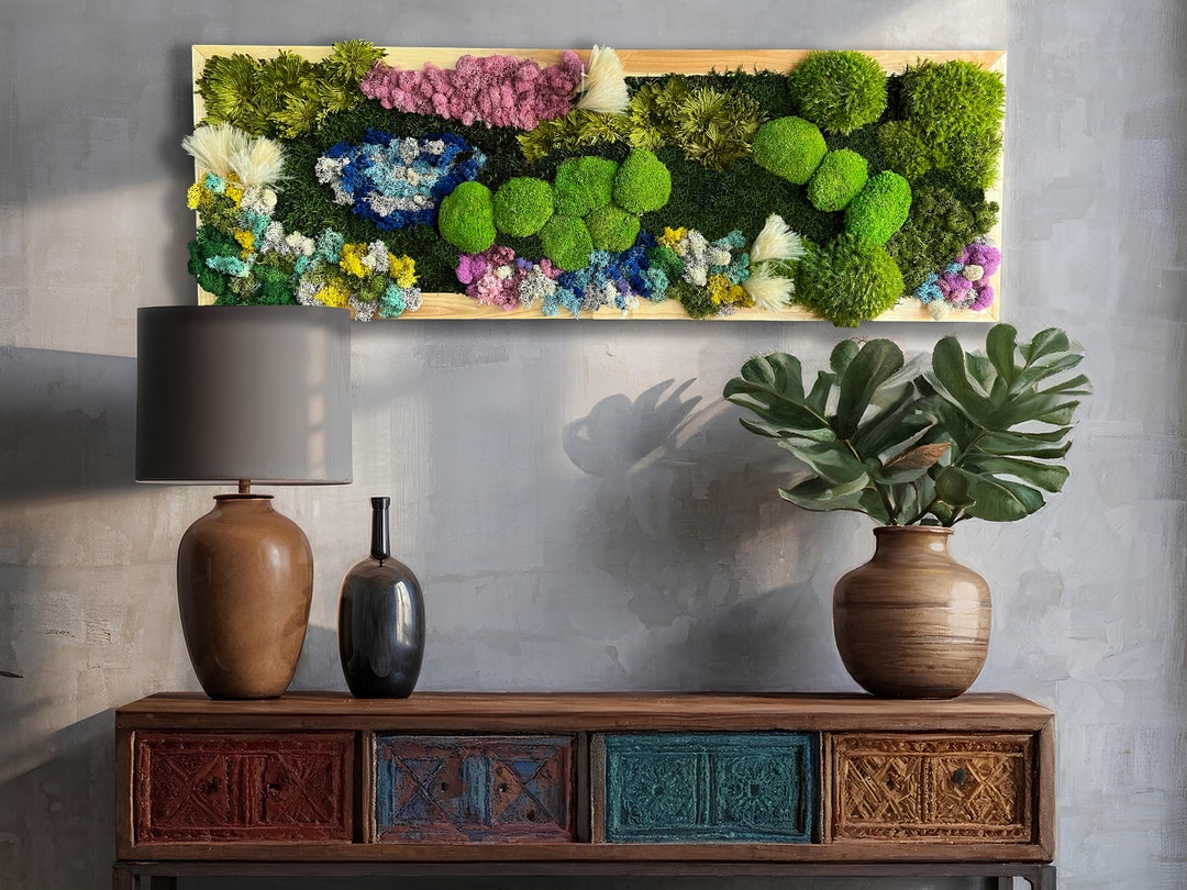 Moss Wall Art, Preserved Moss Art With Floral Decorations, Blooming ...