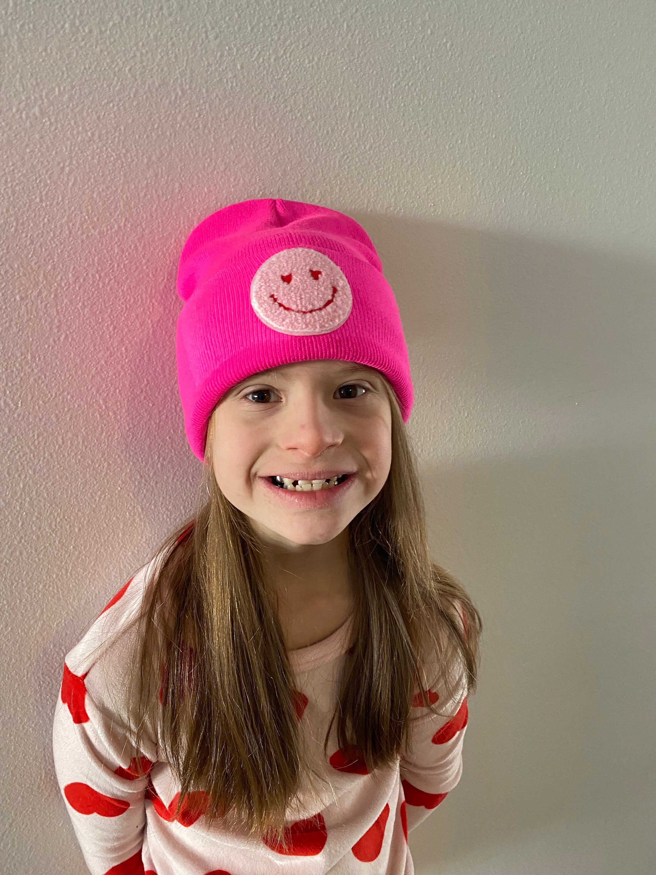 Neon Pink Smiley Face Patch With Heart Eyes Beanie - Etsy