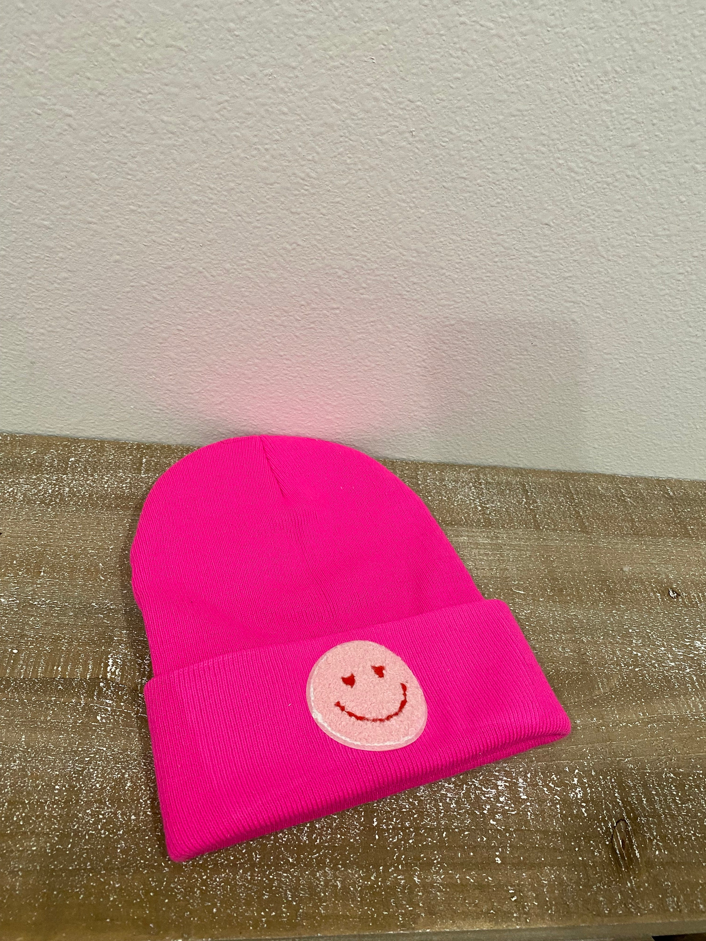 Neon Pink Smiley Face Patch With Heart Eyes Beanie - Etsy