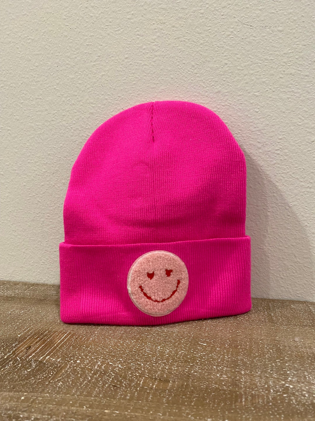 Neon Pink Smiley Face Patch With Heart Eyes Beanie - Etsy