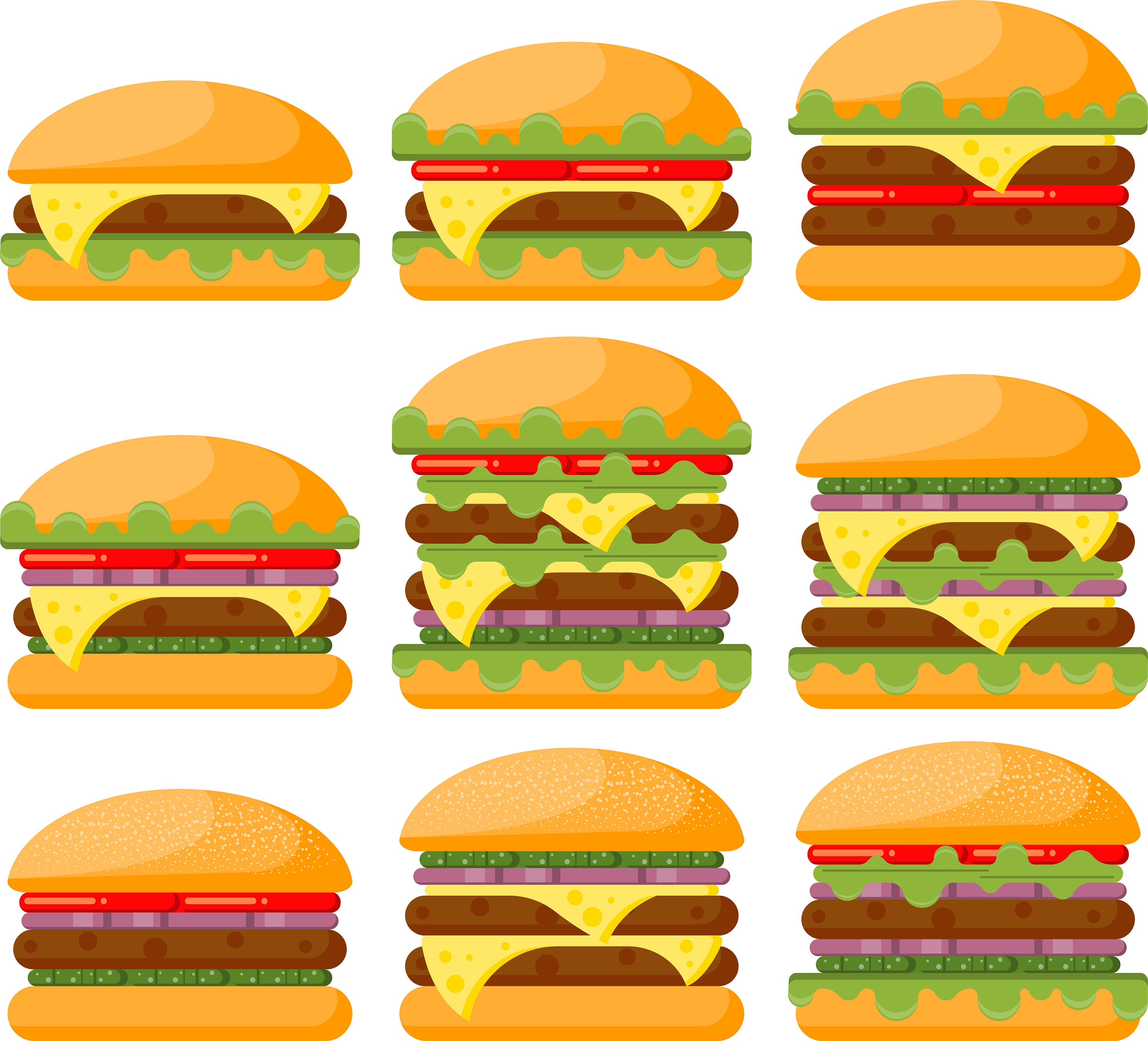 A Collection of Burgers Icons in Flat Style. - Etsy