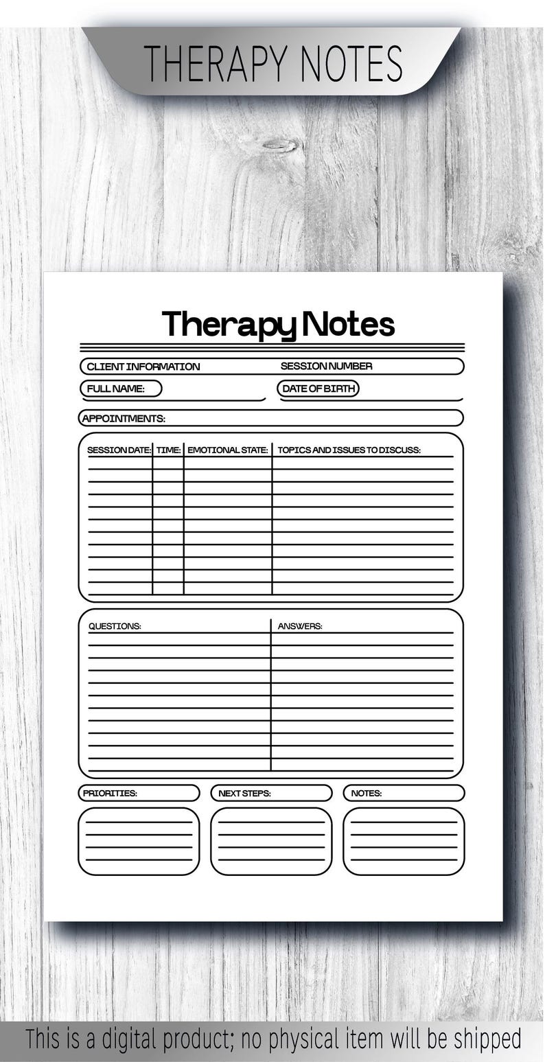 Therapy Session Notes – Printable Mental Health Template. Therapist Log ...