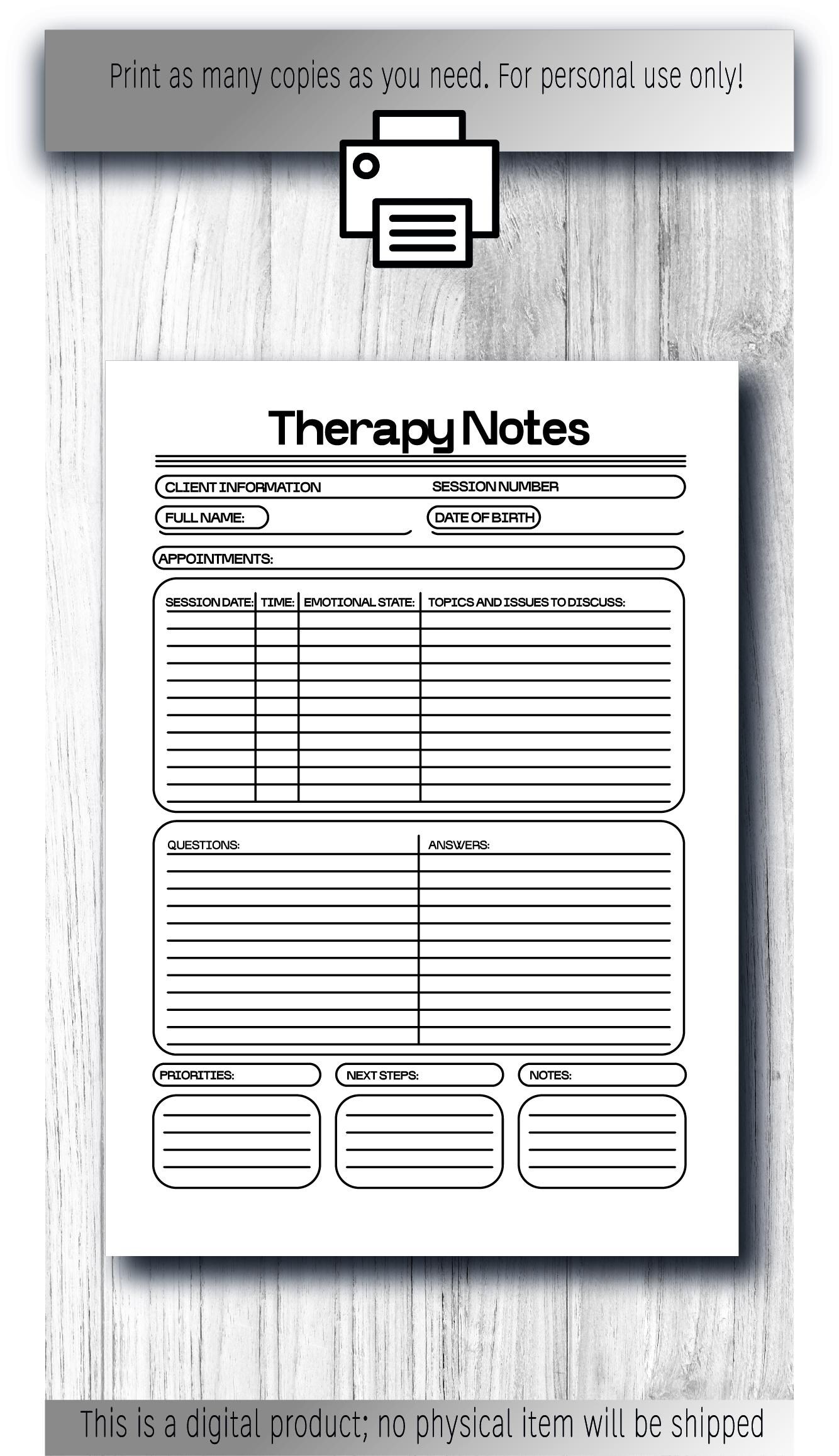 Therapy Session Notes – Printable Mental Health Template. Therapist Log ...