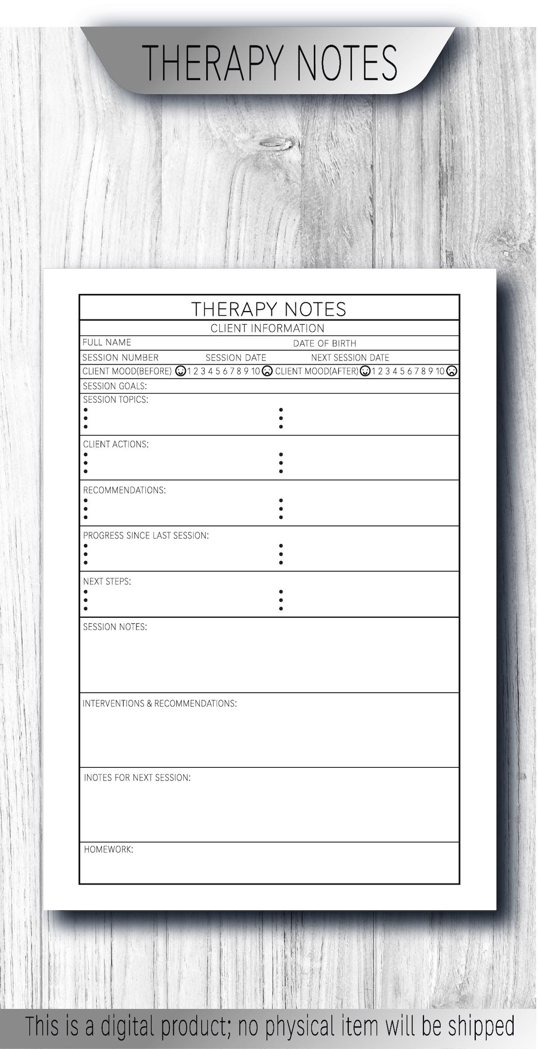 Therapy Session Notes – Printable Mental Health Template. Therapist Log ...