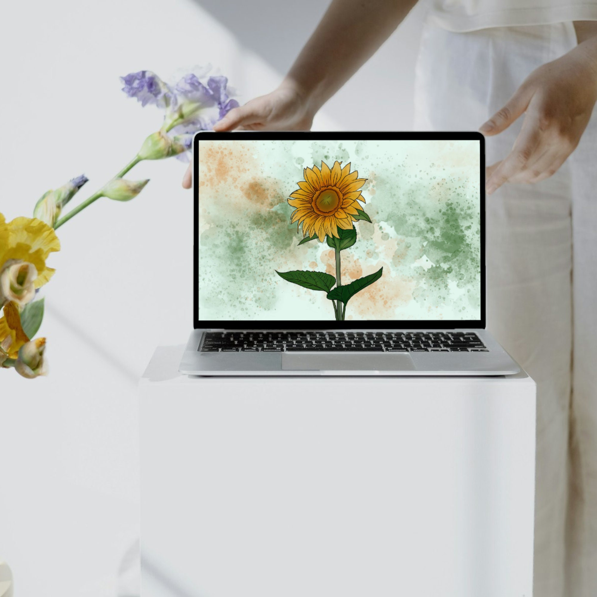 Sunflower Watercolor Desktop Wallpaper for Windows and Apple Computers Floral Digital Background ...