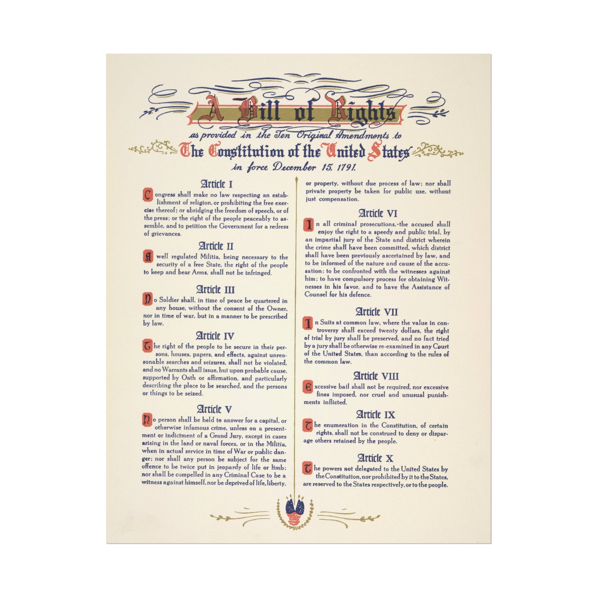 US Bill of Rights Poster USA Historical Document 8x10 11x14 1776 ...