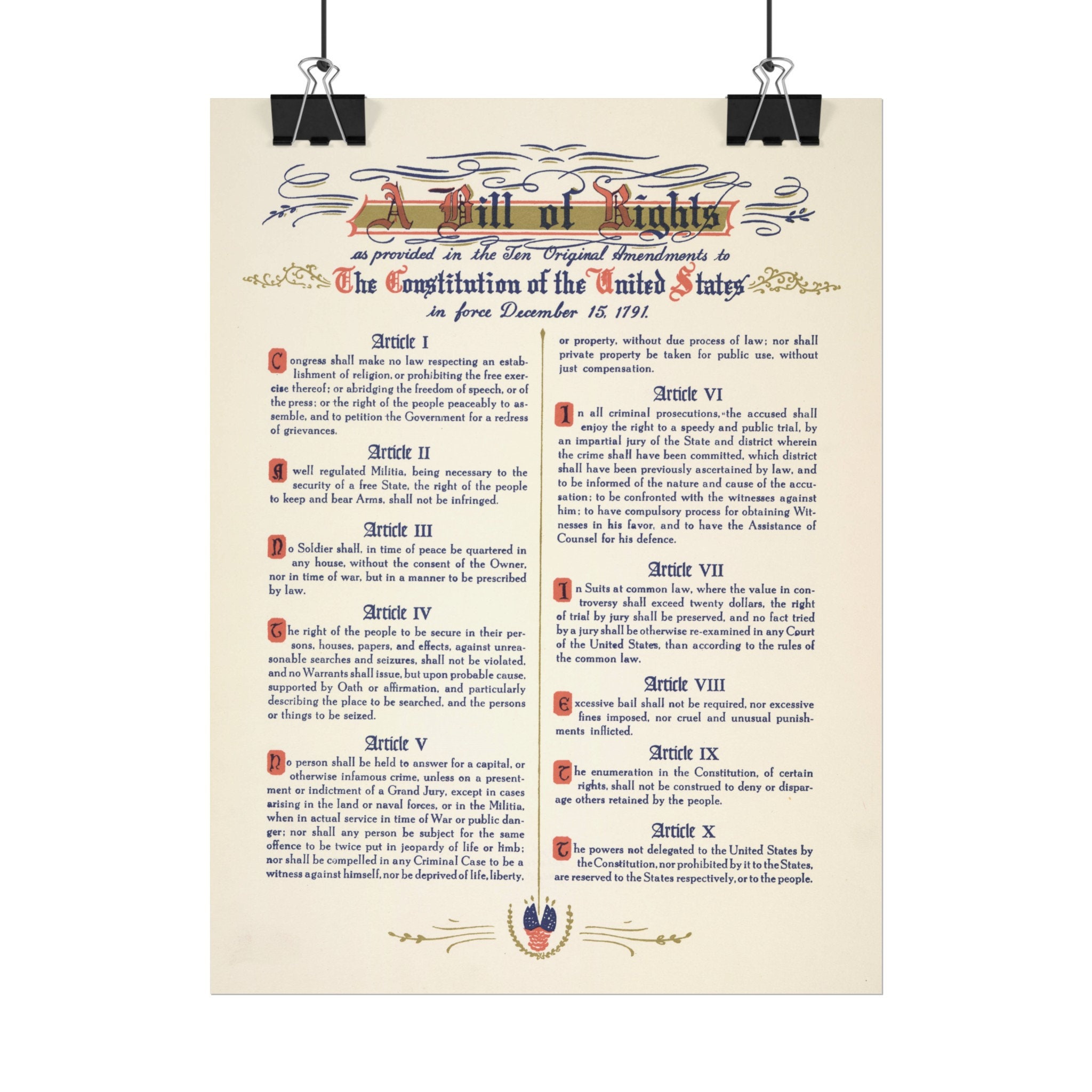 US Bill of Rights Poster USA Historical Document 5"x7" - 6"x8" 1776 ...