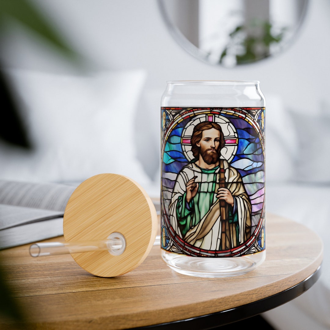 Jesus Christ Stained Glass Sipper Glass, 16oz Christian God Holy Cross ...