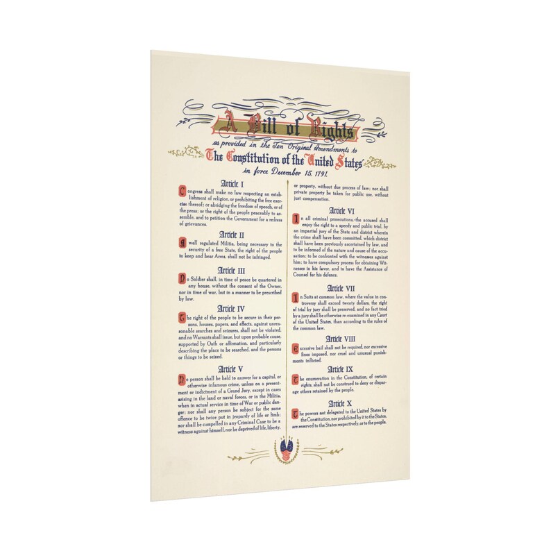 US Bill of Rights Poster USA Historical Document 5"x7" - 28"x40" 1776 ...