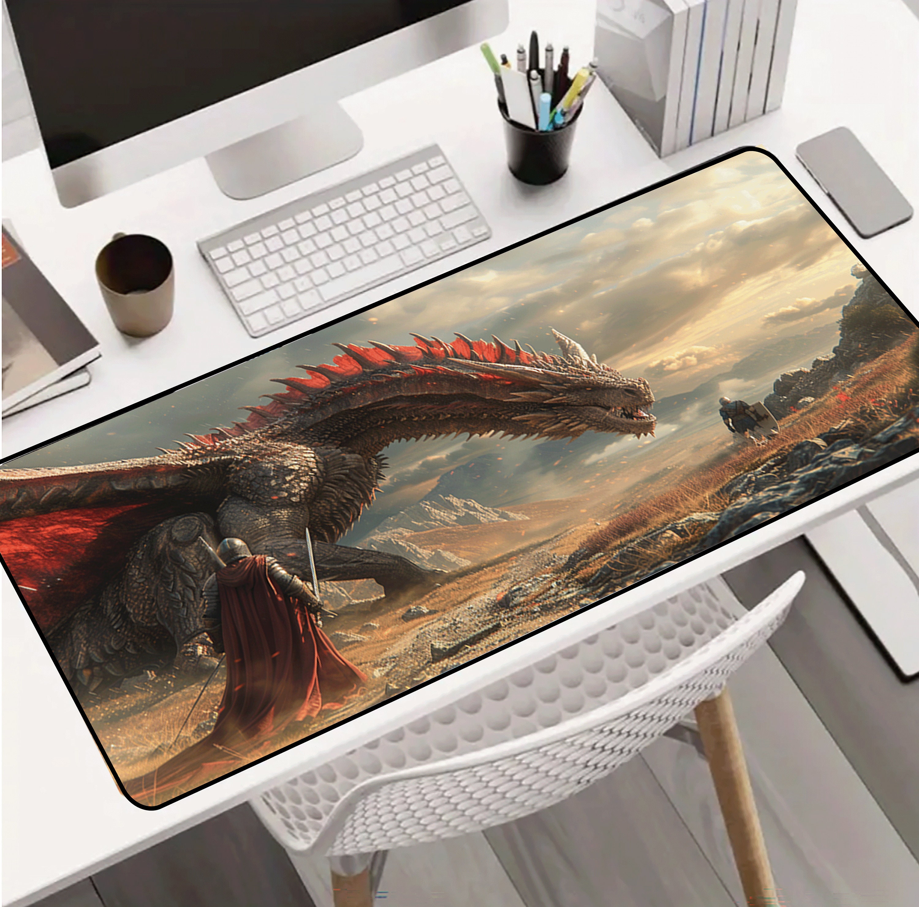 DRAGON BATTLE MOUSEPAD, Cute Aesthetic Deskmat, Kawaii Dragon Mouse Pad ...