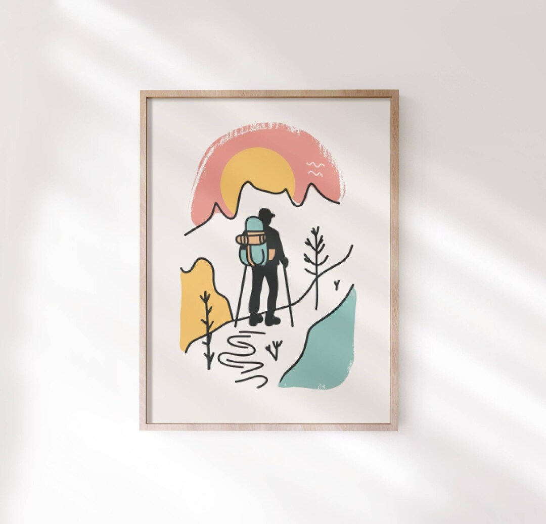 Adventurous Hiking Wall Art Print Gallery Wall Pastel Hiking Sunrise ...