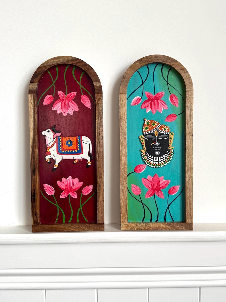 Handpainted Pichwai Wall Plates, Krishna, Cow & Lotus Art, Set of Two ...