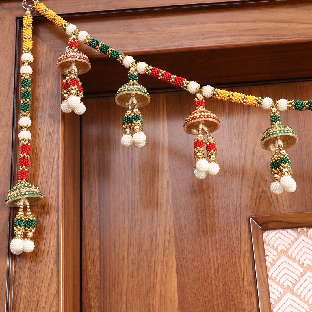 Temple Toran, Beadwork Hanging Indian Puja Room Gold Beadwork Toran ...