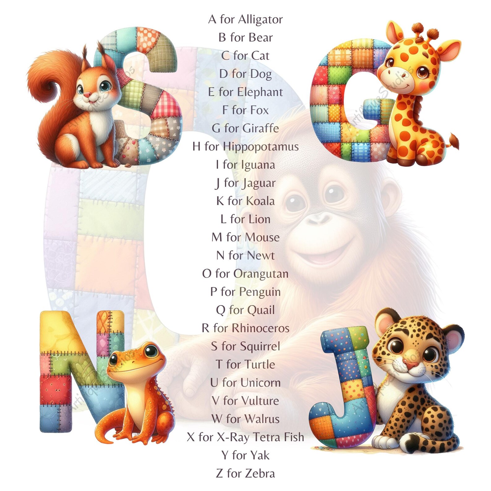 Adorable Animal Alphabet Clipart Watercolor A-Z Educational Digital ...