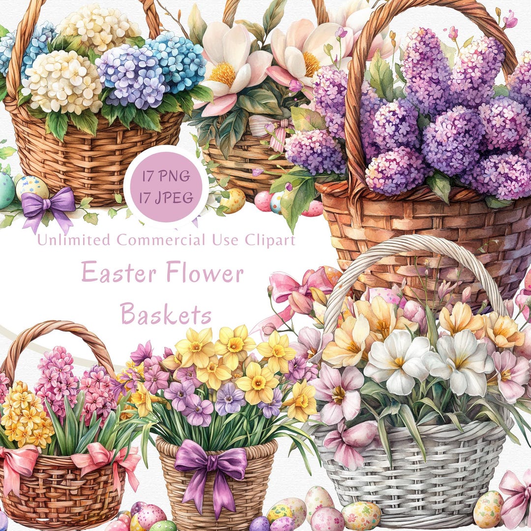 Watercolor Easter Flower Basket Clipart (PNG JPG) - Etsy