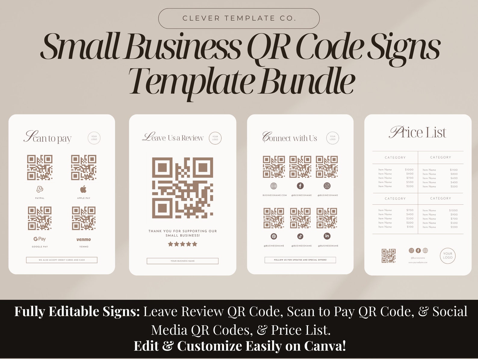 QR Code Signs for Small Business, Canva Template, Scan to Pay Sign ...