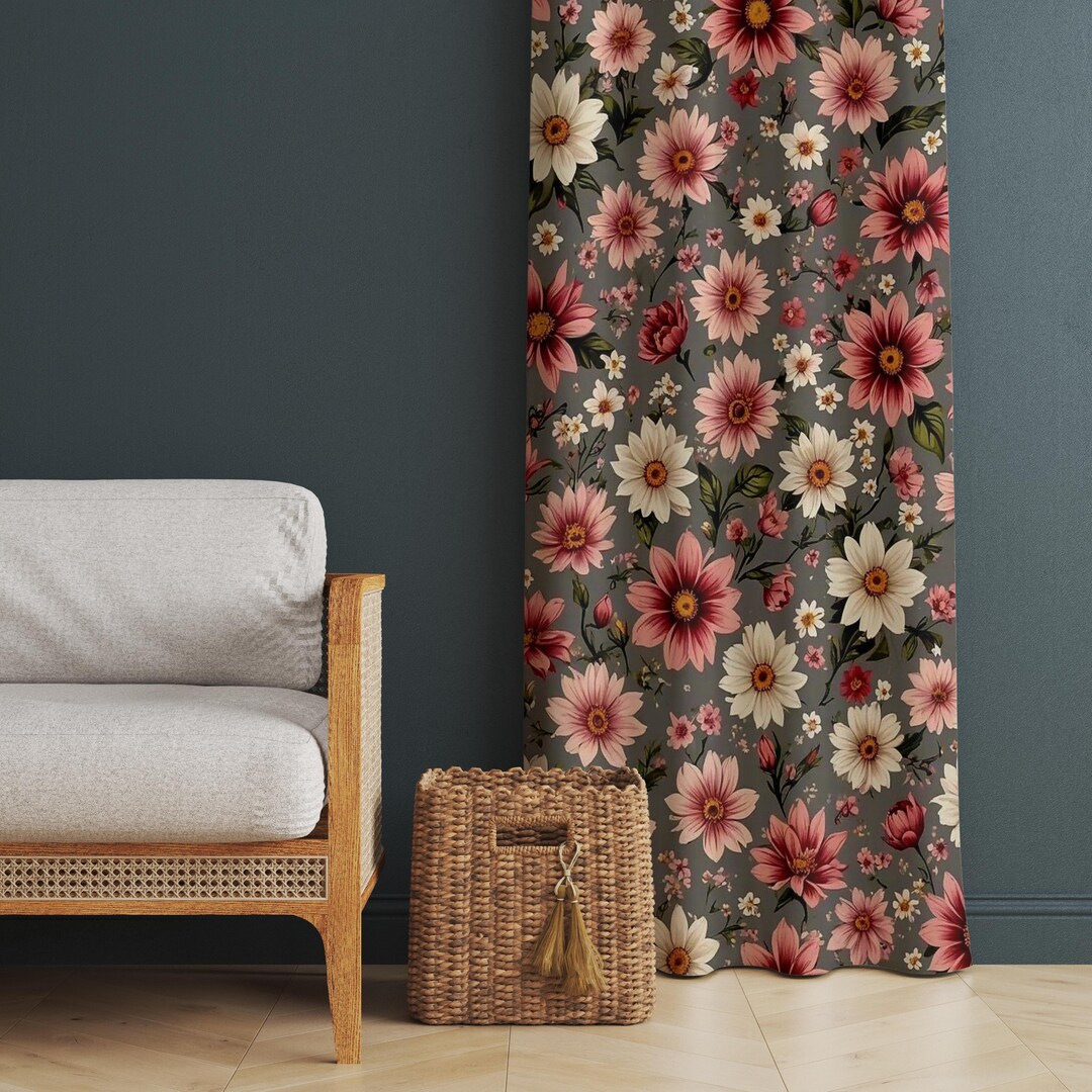 Red Floral Bohemian Curtains Vintage Living Room & Bedroom Backdrop ...