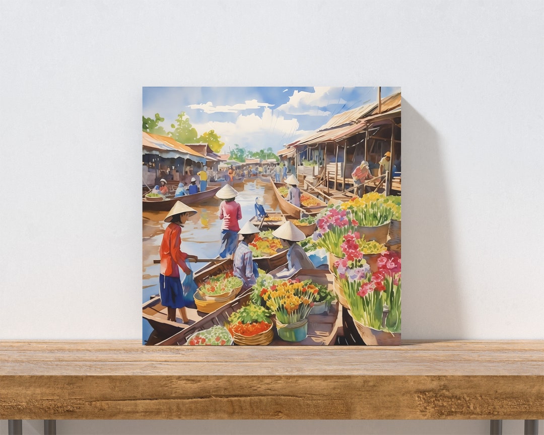 Thailand Floating Market Art Print, Watercolor, Canvas, Travel, Wall ...