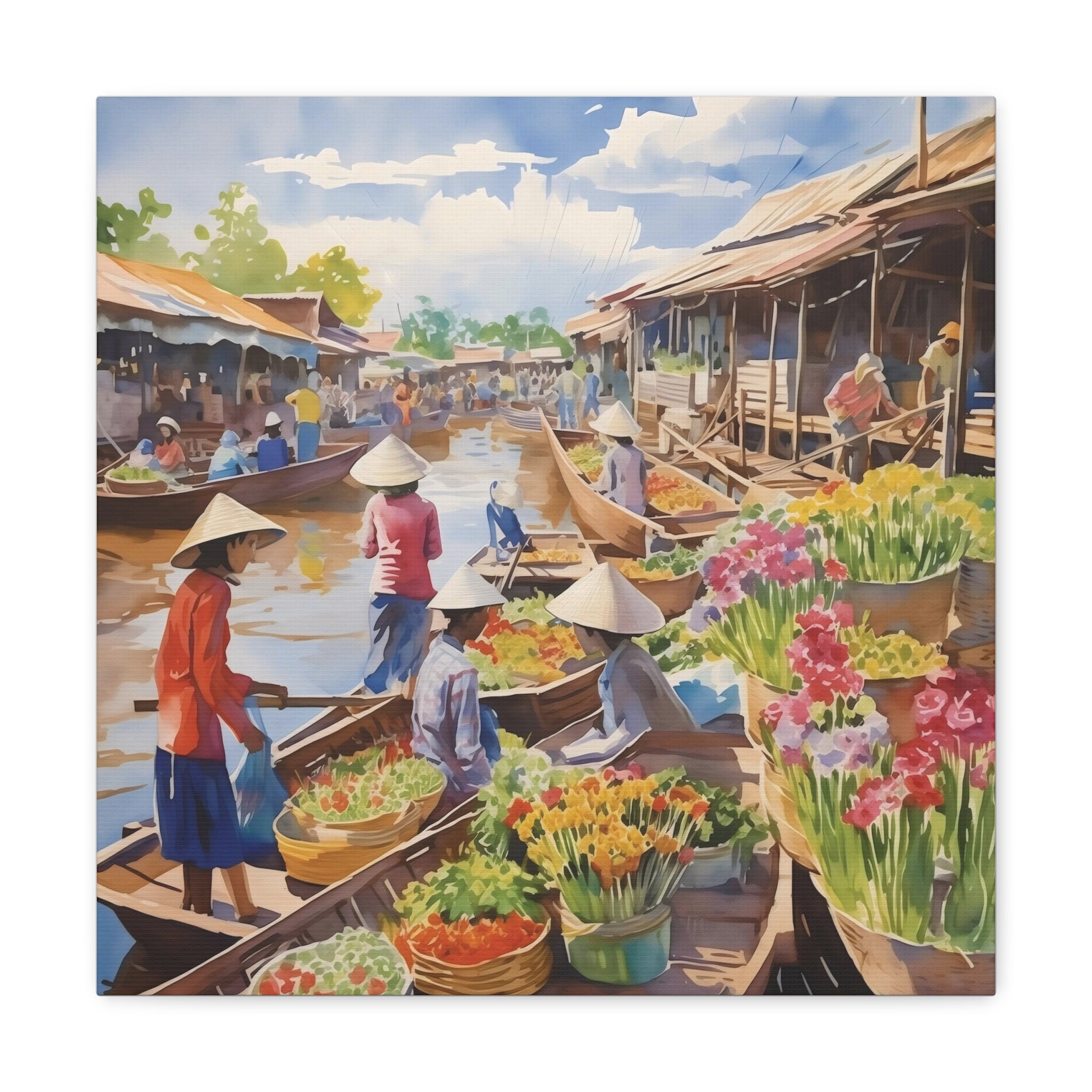 Thailand Floating Market Art Print, Watercolor, Canvas, Travel, Wall ...