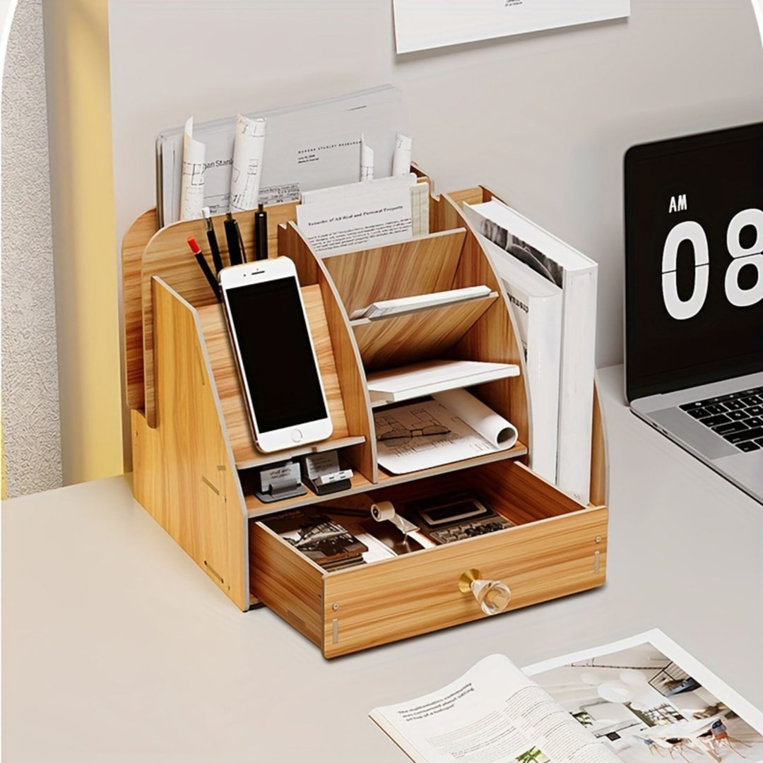 Wooden Desk Organizer With Drawers Cute Small Stationary Storage Box ...
