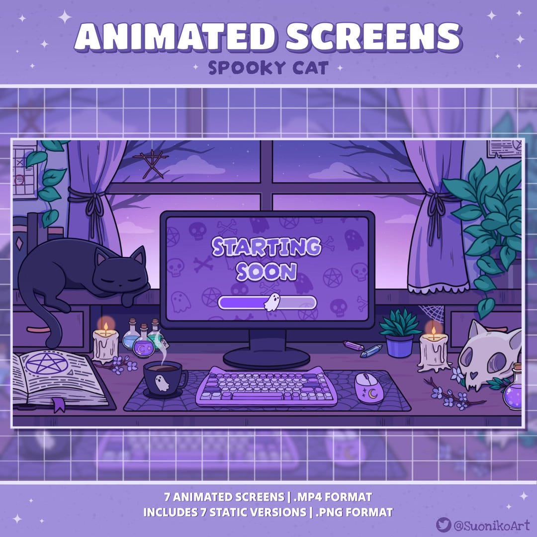 Animated Spooky Cat Stream Screens | Cozy Kitty Streaming Pack | Cute ...