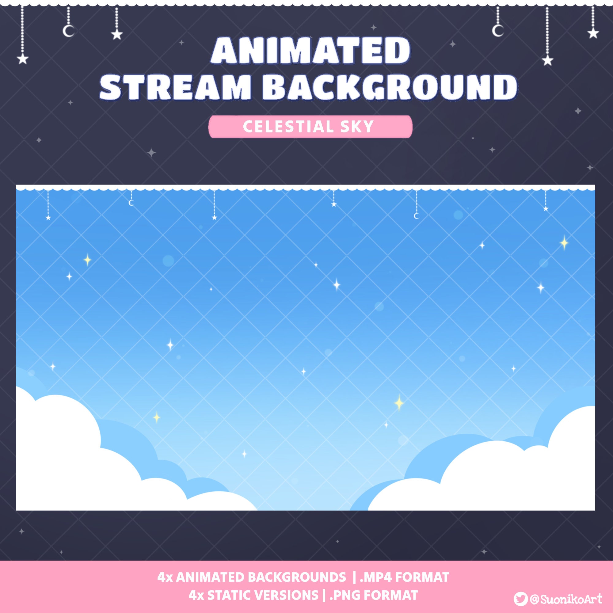 Animated Stream Backgrounds Celestial Sky Chat Boxes Twitch Youtube OBS Pastel Cute Just ...
