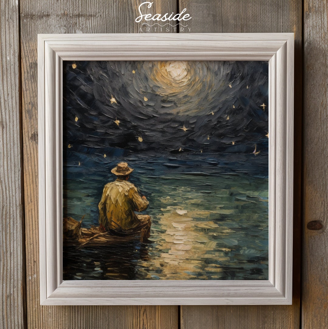 Night Angler | Printable Night Fishing Oil Painting | Vintage Digital ...