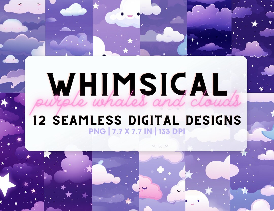 12 Seamless Digital Patterns Pack - Enchanting Whale and Clouds ...