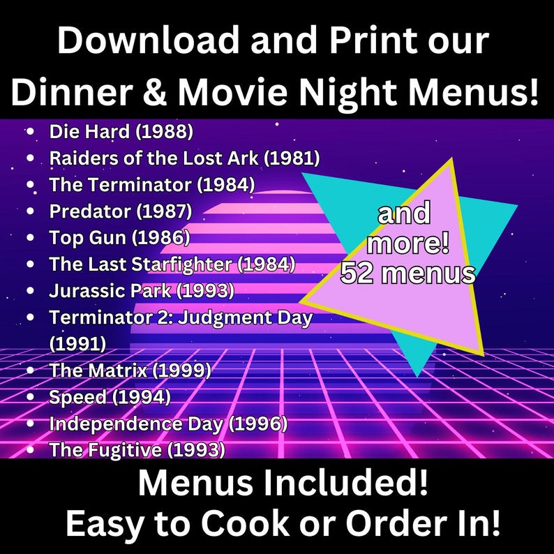 52 Dinner and Movie Night 80s & 90s Version Printable List for Themed ...