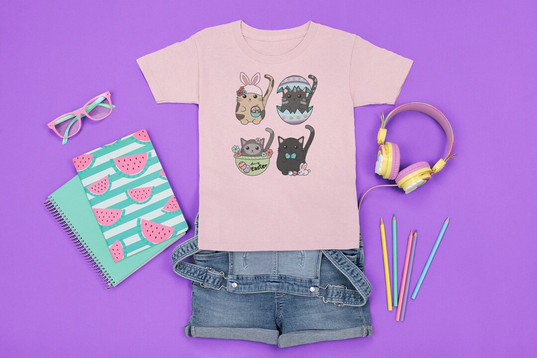 Chubby Easter Cat T Shirt Girls Easter Cats Tee Cute Kitten Bunny Ears ...