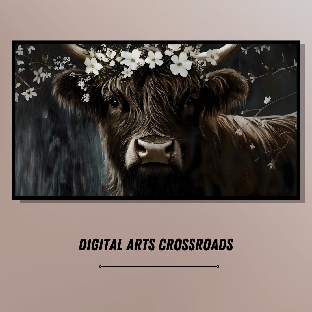 Highland Cow Flower Crown Frame TV Art: Farmhouse Portrait (digital ...