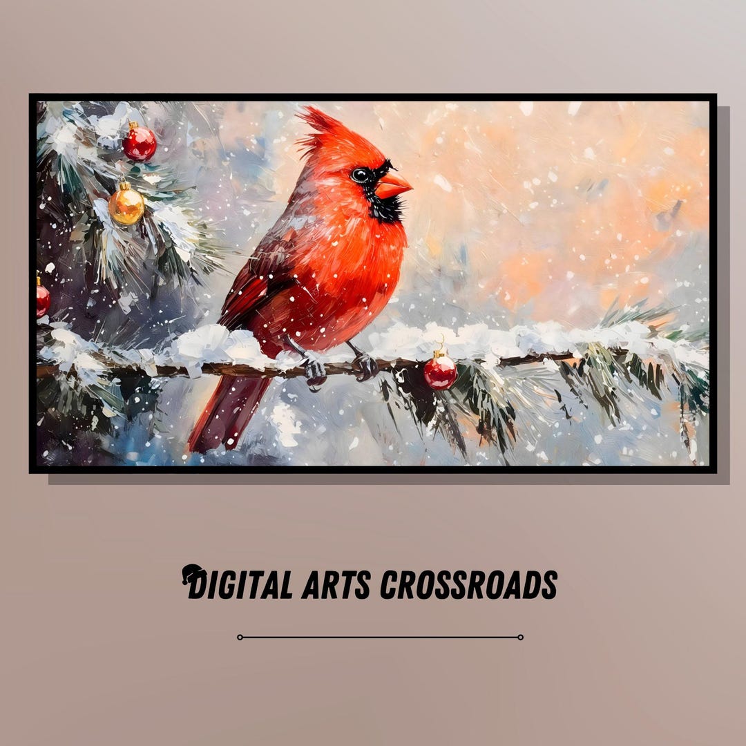 Red Cardinal Christmas Frame TV Art: Snowy Pine Branch (digital ...