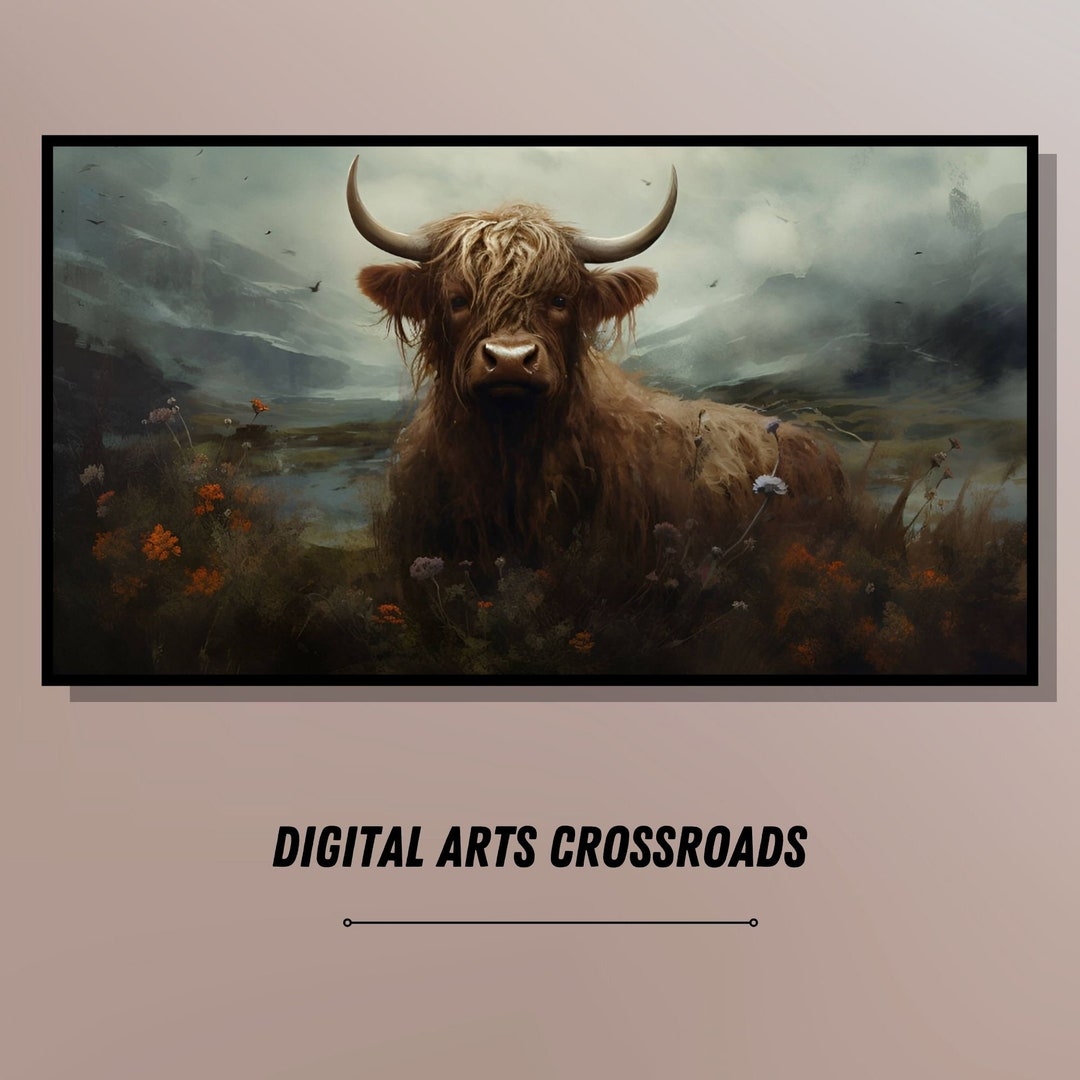 Majestic Highland Cow in Field Art for Samsung Frame TV, Rustic TV Art, Frame Tv Art for Nature ...