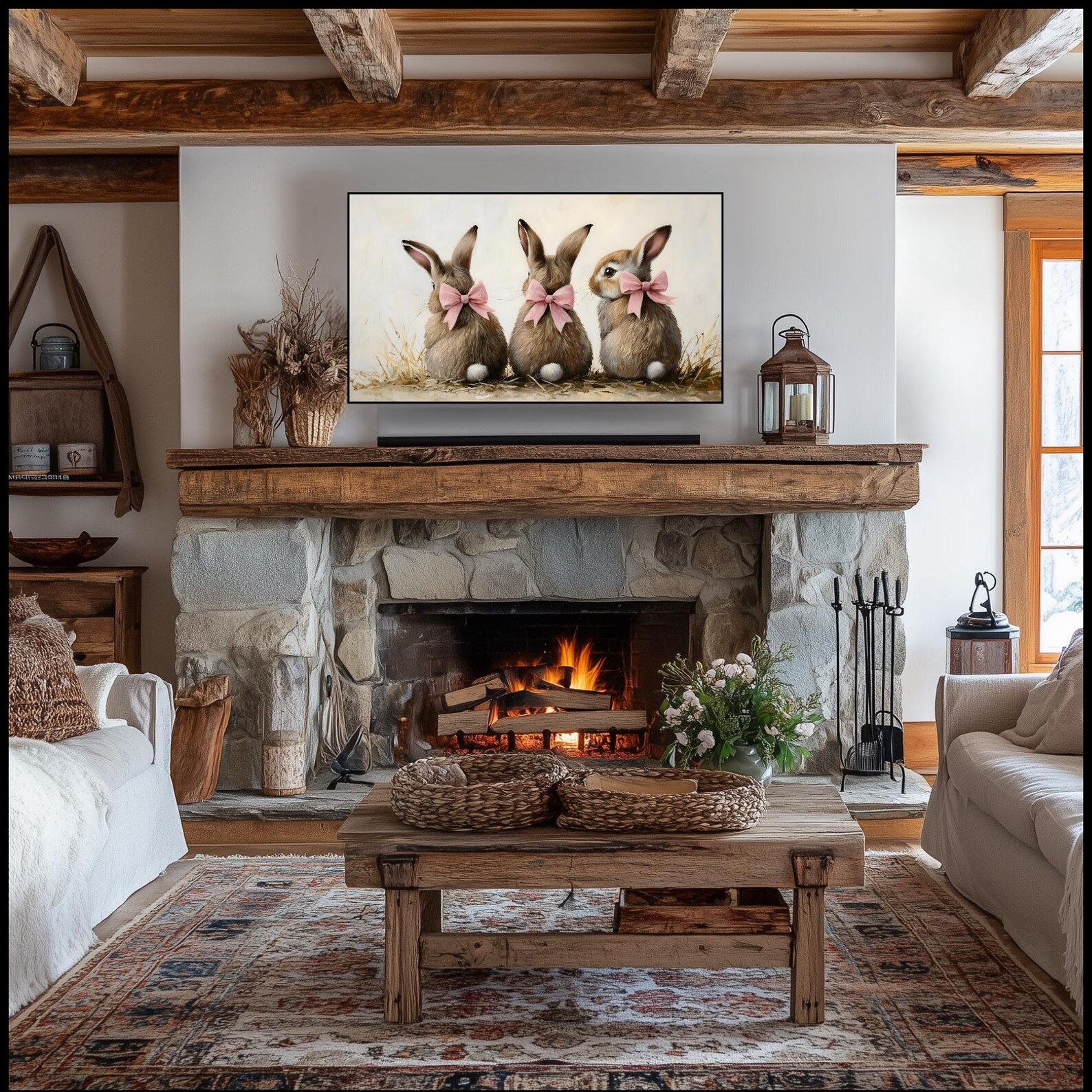 Three Adorable Bunnies With Pink Bows Samsung Frame TV Art, Easter Oil ...